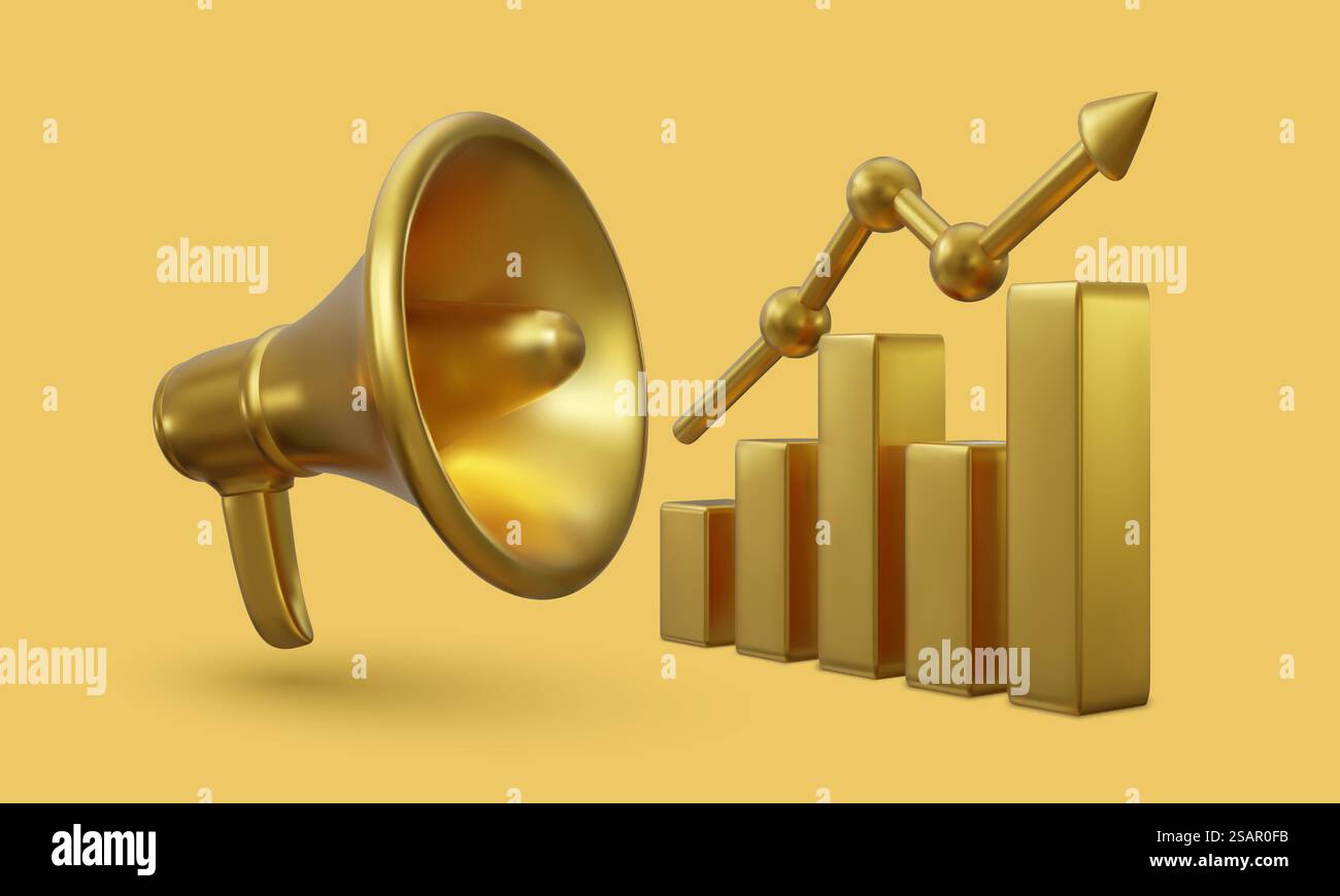 Gold 3d growing bars graphic with rising arrow and megaphone. Vector ...