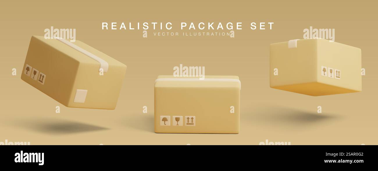 Set of 3D cardboard closed boxes isolated on light background. Realistic delivery cargo parcels ...