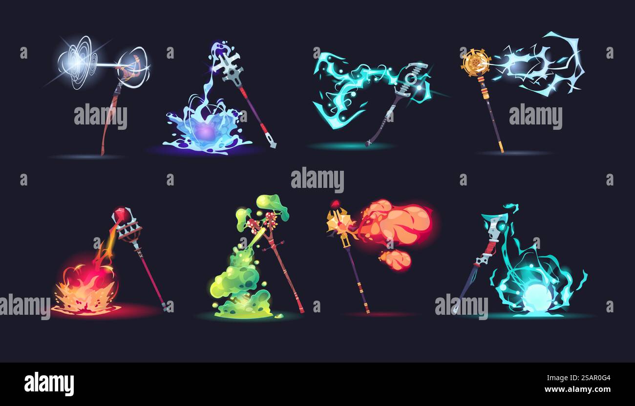 Magic stuff with effects. Cartoon wizard weapon with different colorful ...