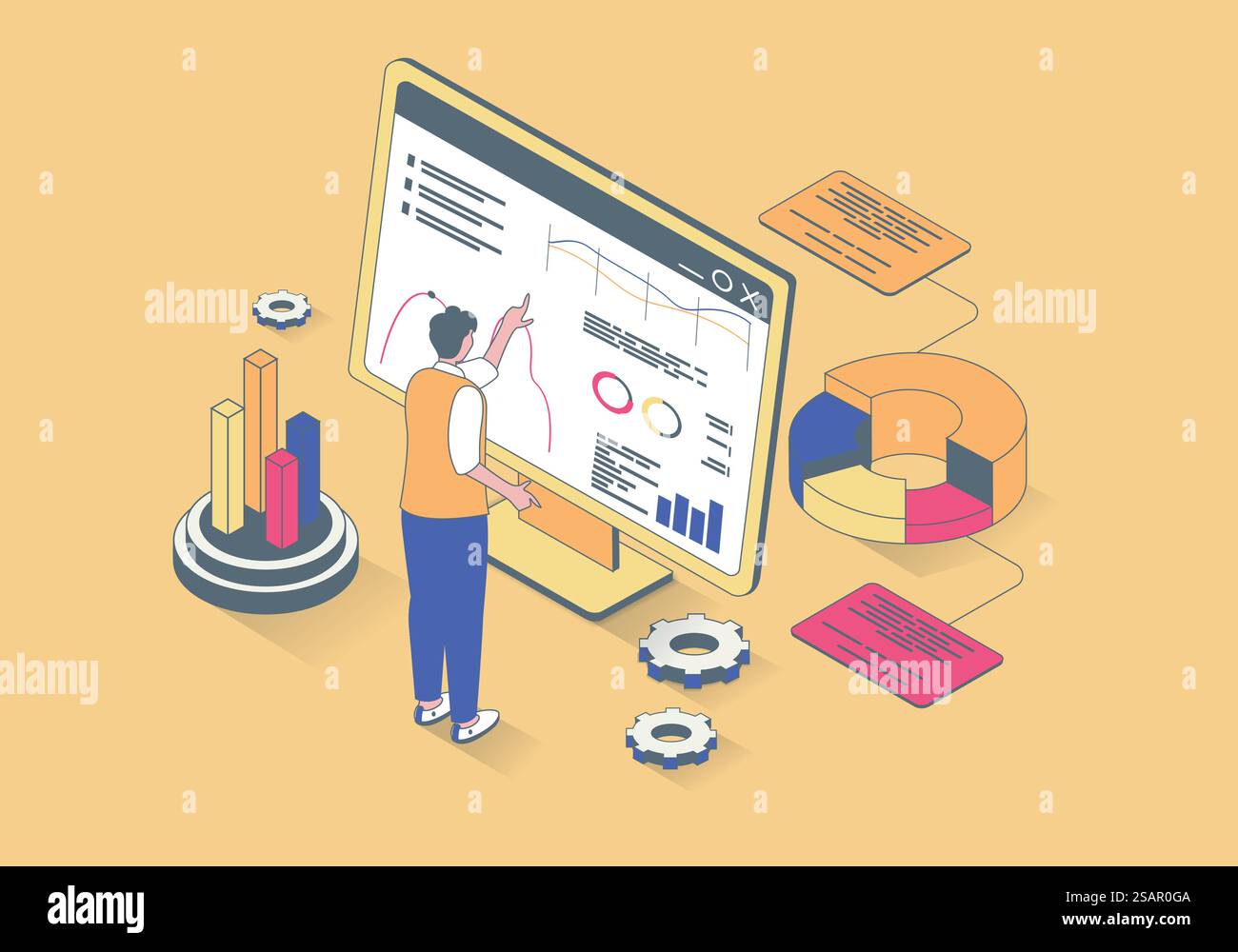 Data analysis concept in 3d isometric design. Man making statistics ...