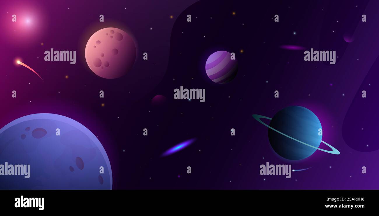 Cartoon space background. Starry universe sky with alien planets ...