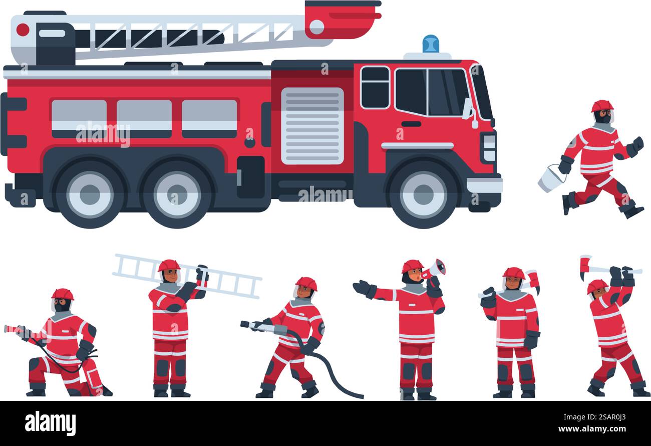 Fireman. Cartoon fire engine and firefighters. Professional rescuers ...