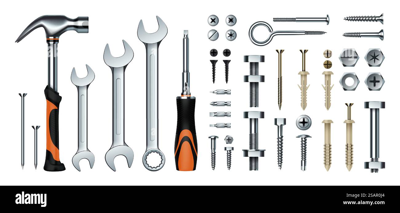 Realistic mechanic tools. 3D construction instrument set. Metal wrench ...