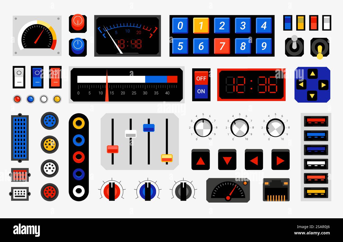 Retro control panel. Computer dashboard elements. Dials or technical ...
