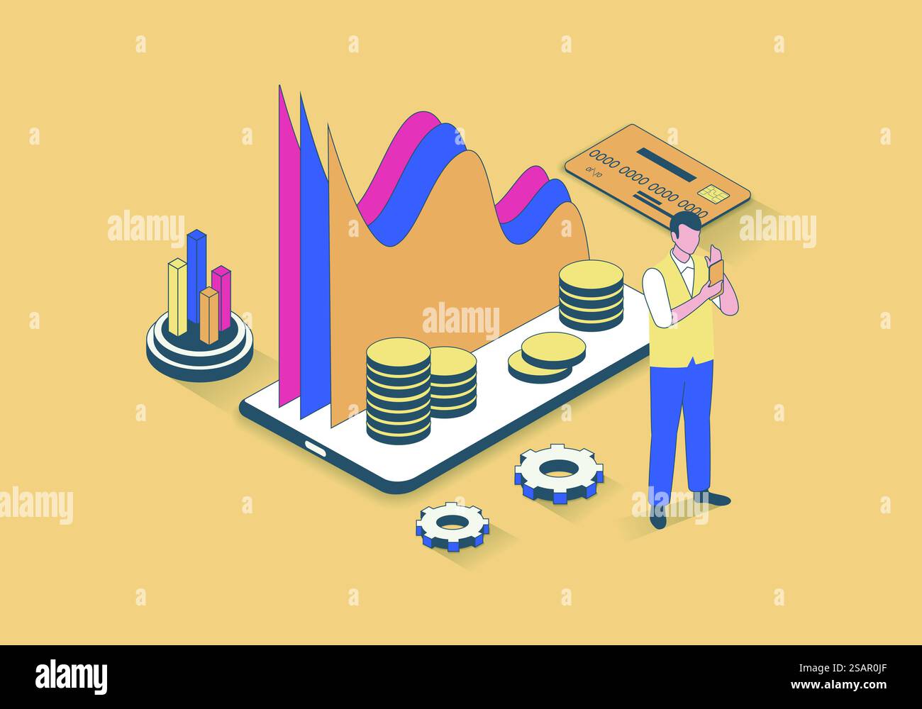 Finance concept in 3d isometric design. Man doing financial accounting ...