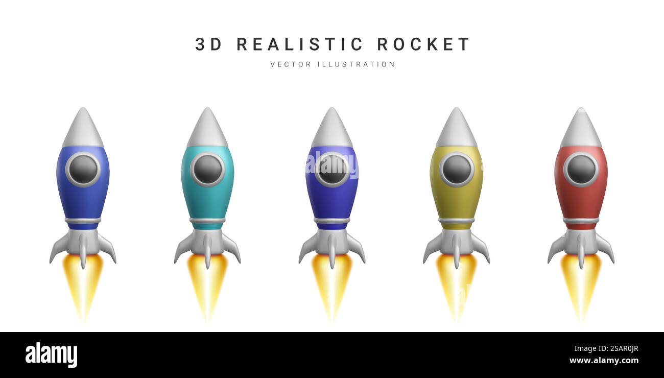 3d colour rocket set. Realistic space ship isolated on a white background. Vector illustration ...