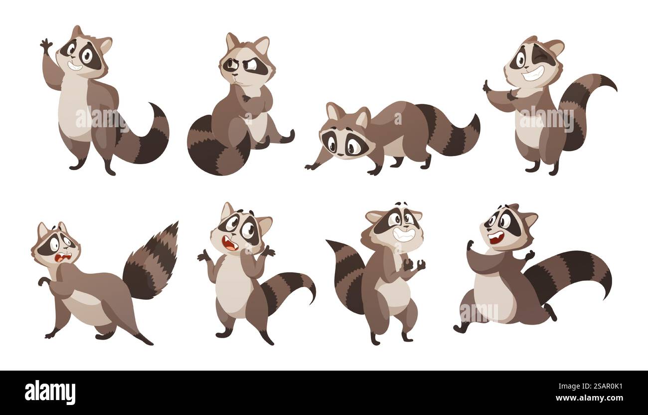 Cute raccoon. Amuse cartoon wild forest animal with tail and paws ...