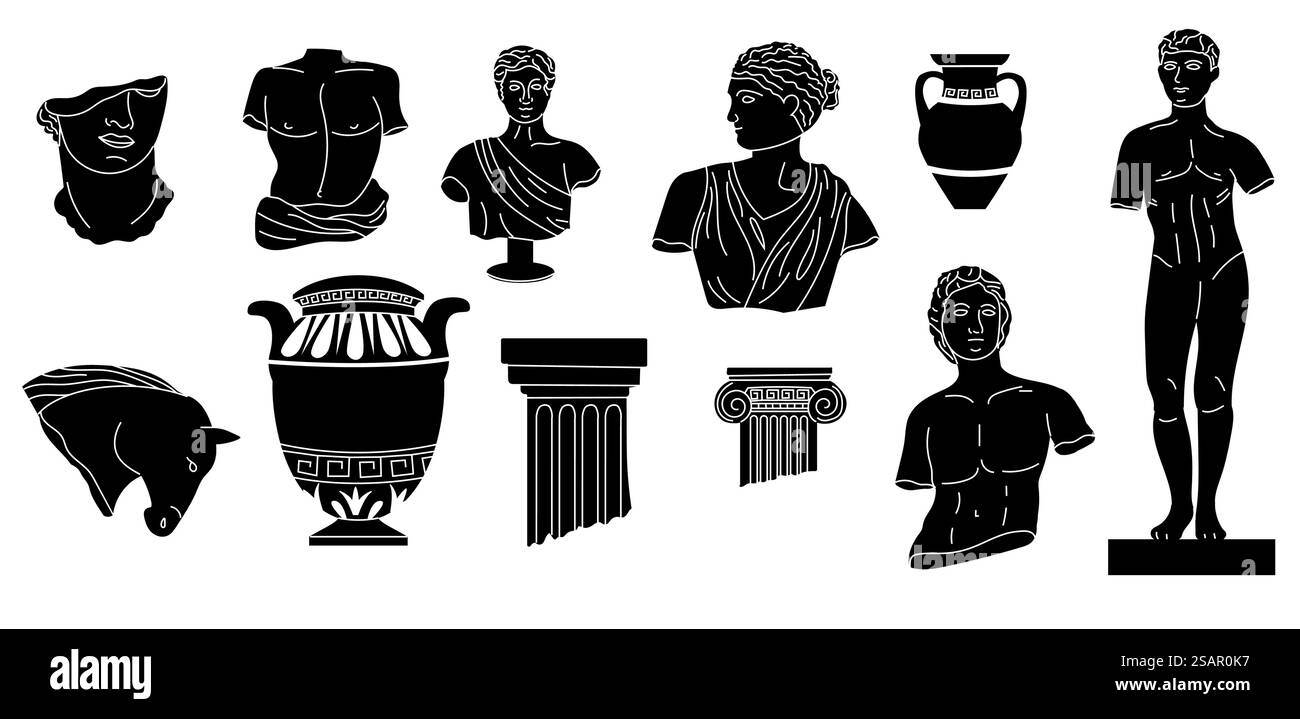 Black doodle sculptures. Abstract ancient Greek mythology statues and ...