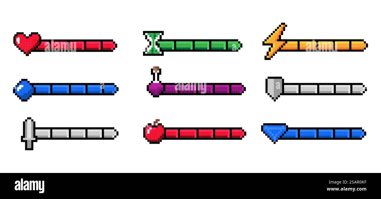 Arcade game progress bar. 8-bit scale indicators of health and stamina ...