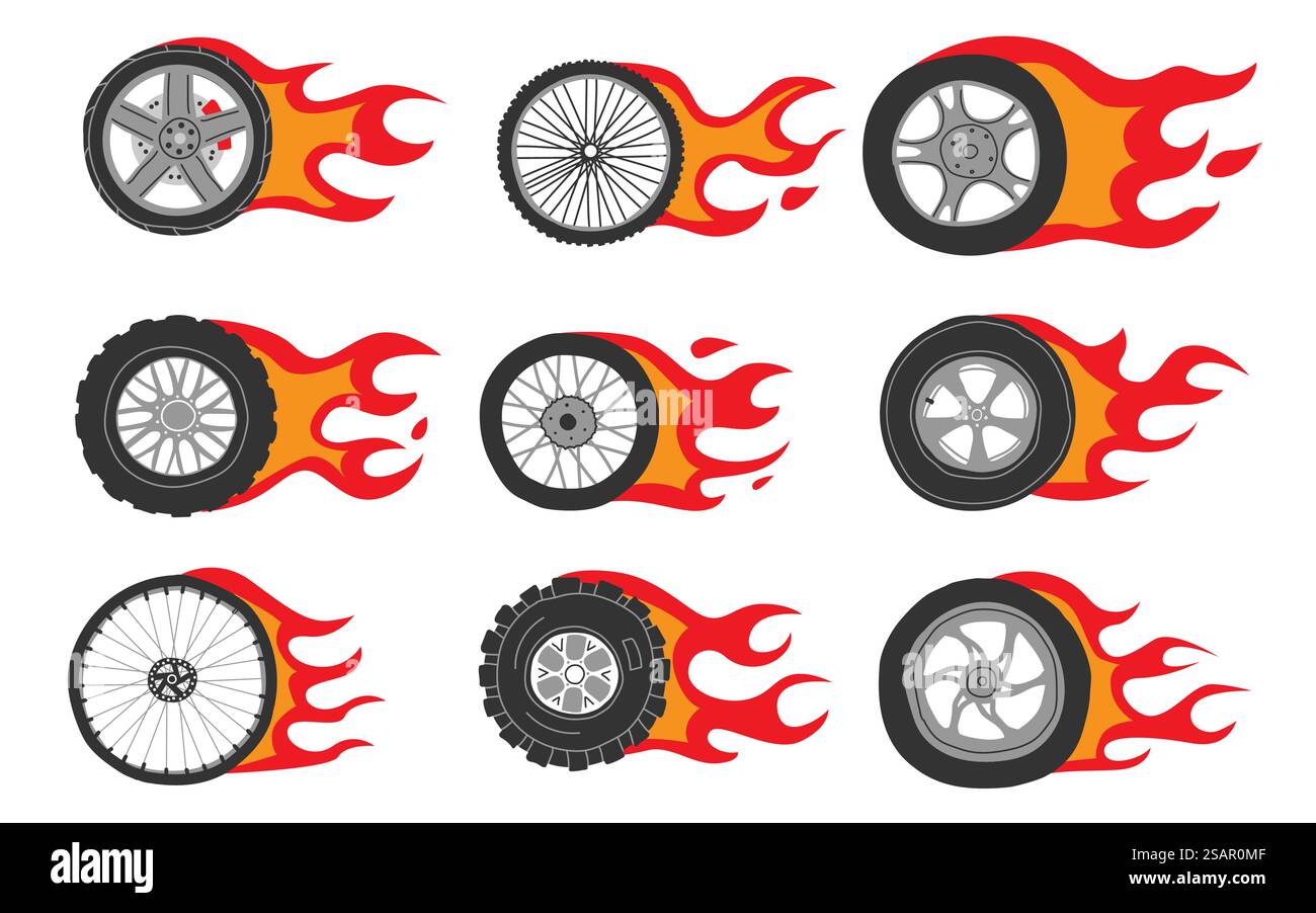 Flame wheels. Doodle car motorcycle and bicycle tires with dynamic fire ...