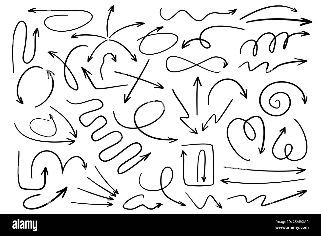 Doodle arrows mega set in flat cartoon design. Bundle elements of ink ...