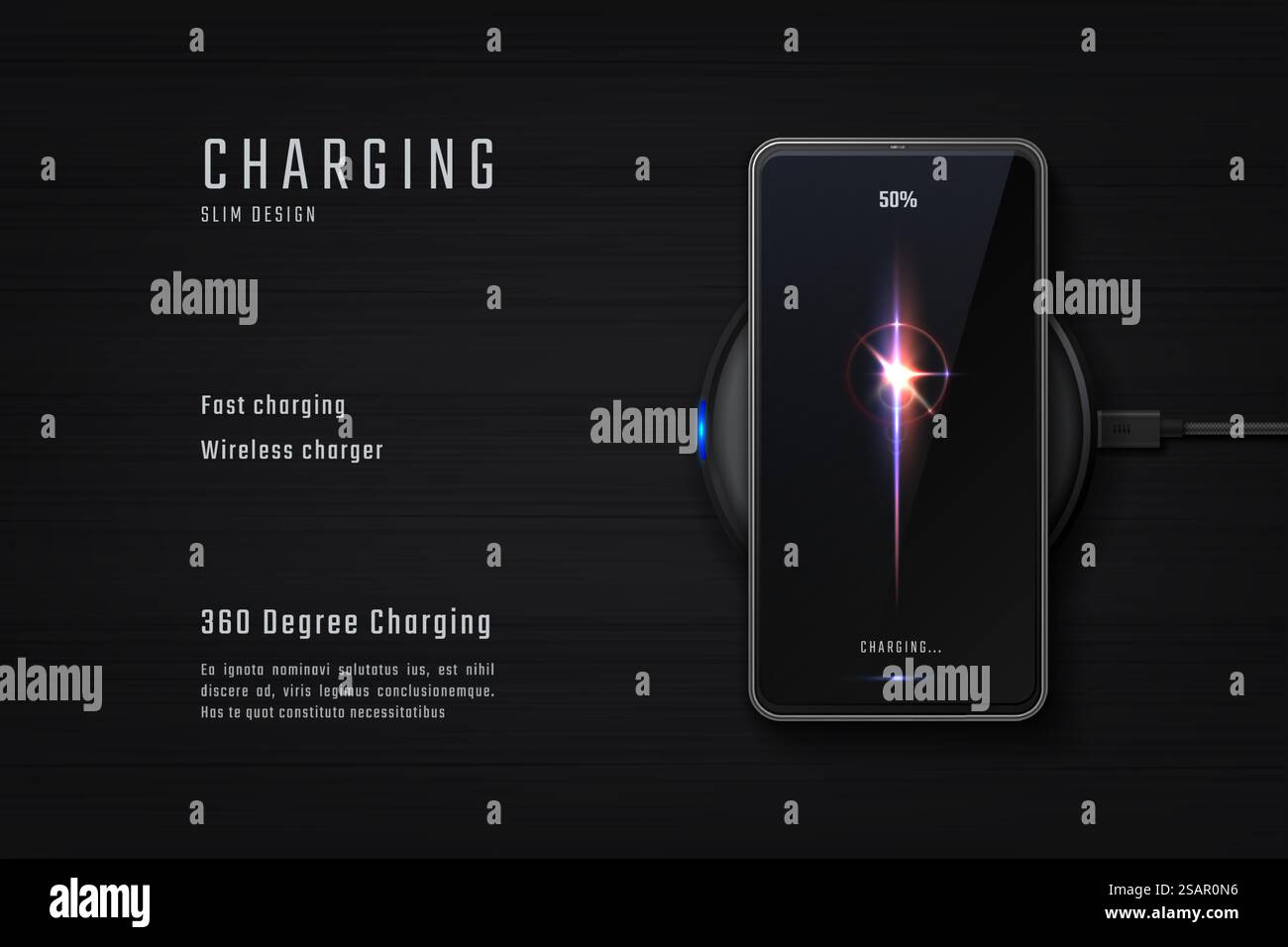 Wireless phone charging. Realistic mobile energy charger. Black ...