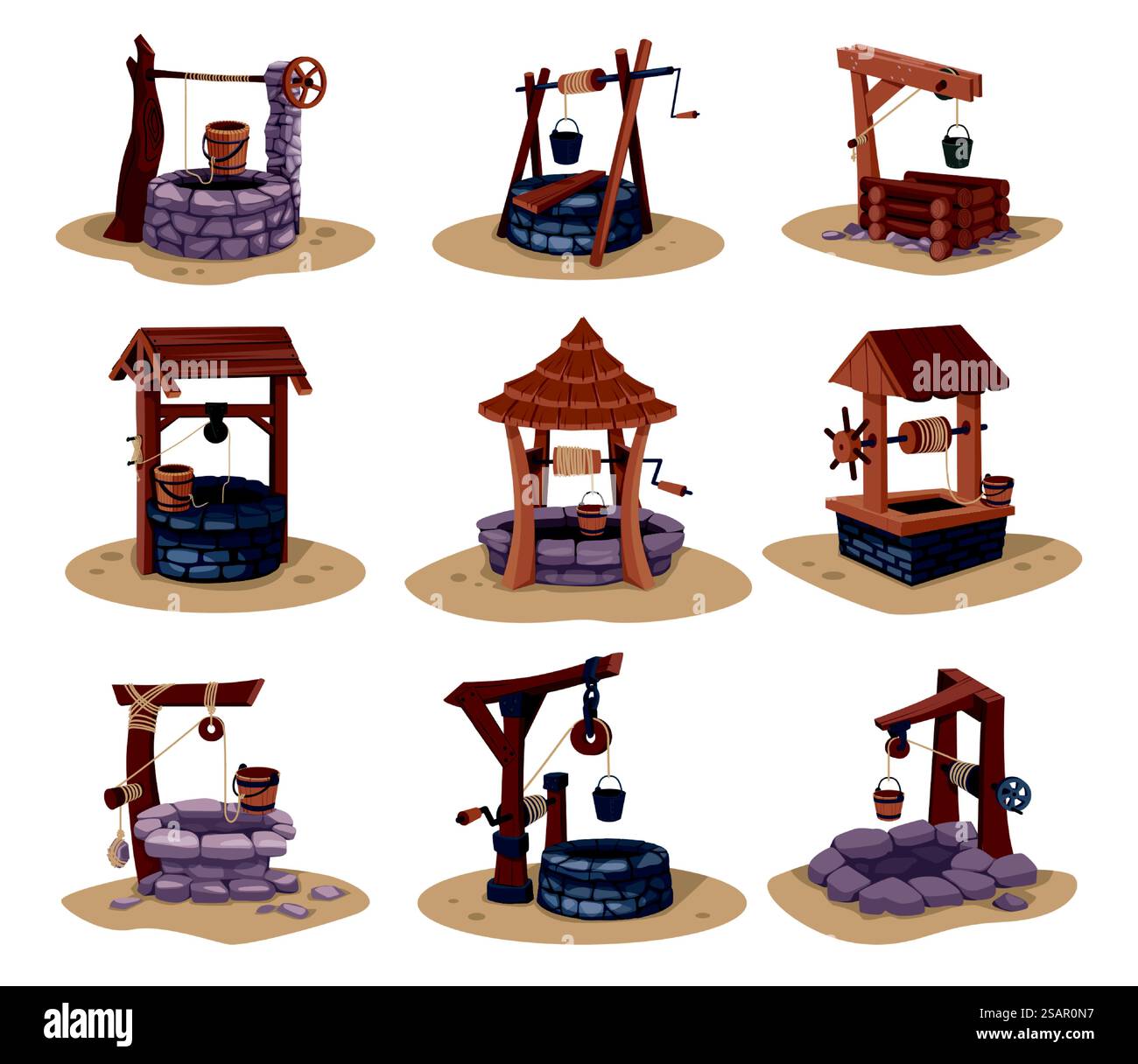 Water well. Cartoon wooden and stone rustic aqua supply equipment with ...