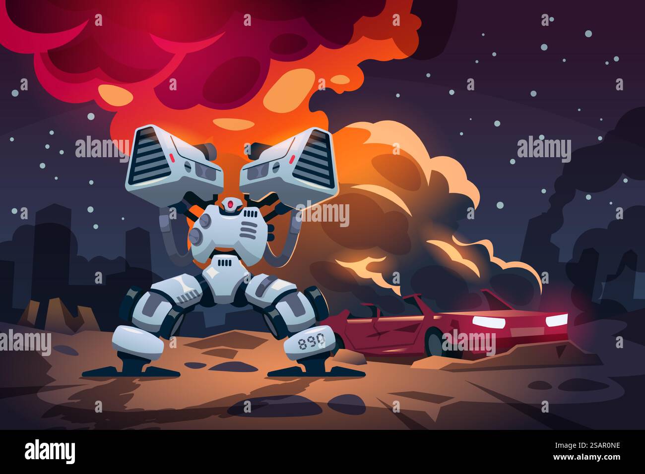 Cartoon game war. Alien robots battle. Landscape with burning car and ...