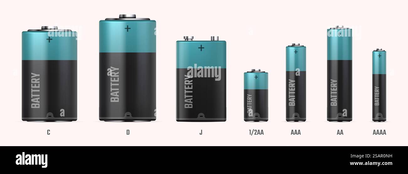 Battery types. Realistic electric alkaline cells. 3D different size or ...