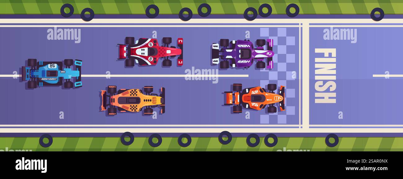 Race. Cartoon Formula One competition. Top view of racing cars driving ...