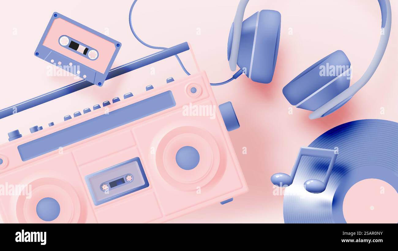 Music notes with boom box, headphone, cassette,vinyl, song, melody or ...