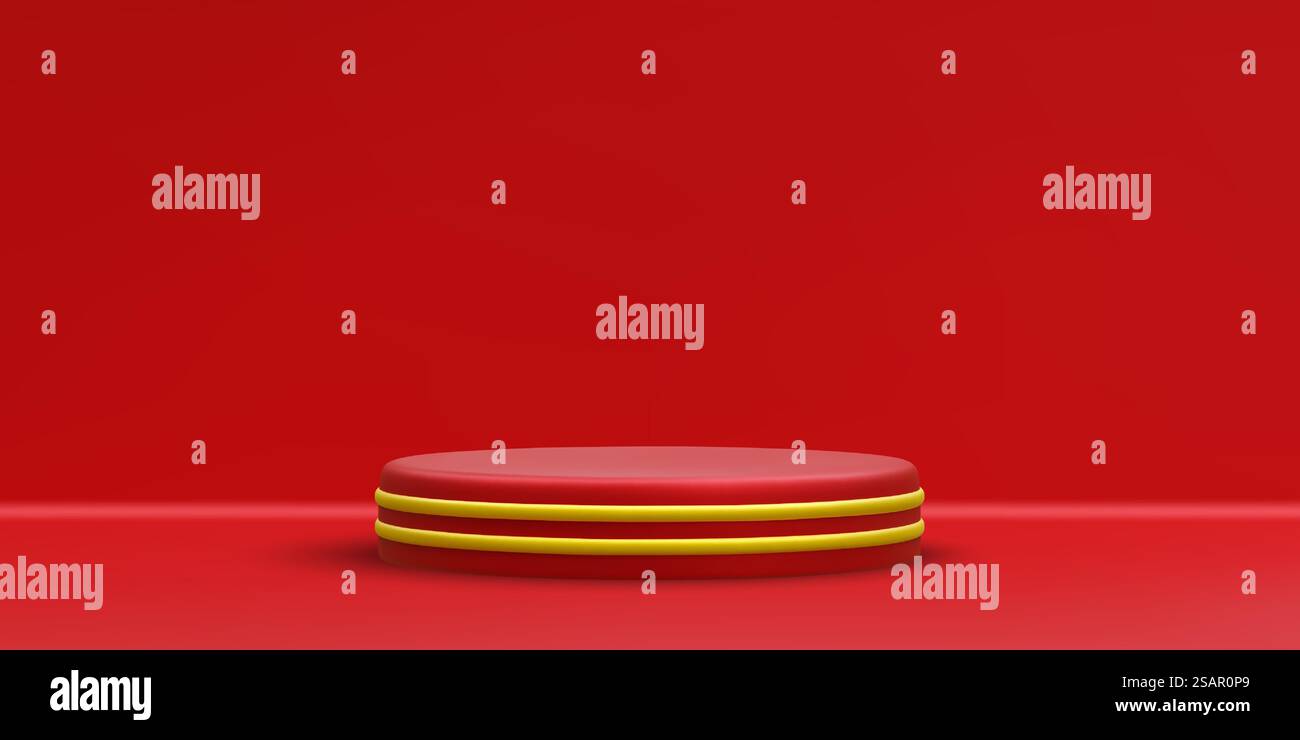 3d realistic red round podium. Scene and platform with gold circle on ...