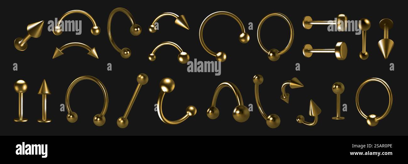 Golden piercing. Realistic luxury metallic body decoration with cones ...