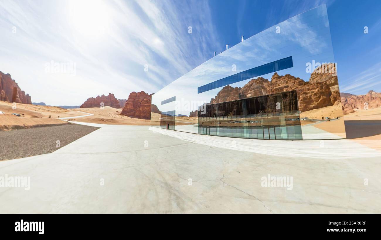 Hegra, Al-Ula, Saudi Arabia,Jan 5, 2025:mirrored facade of Maraya ...