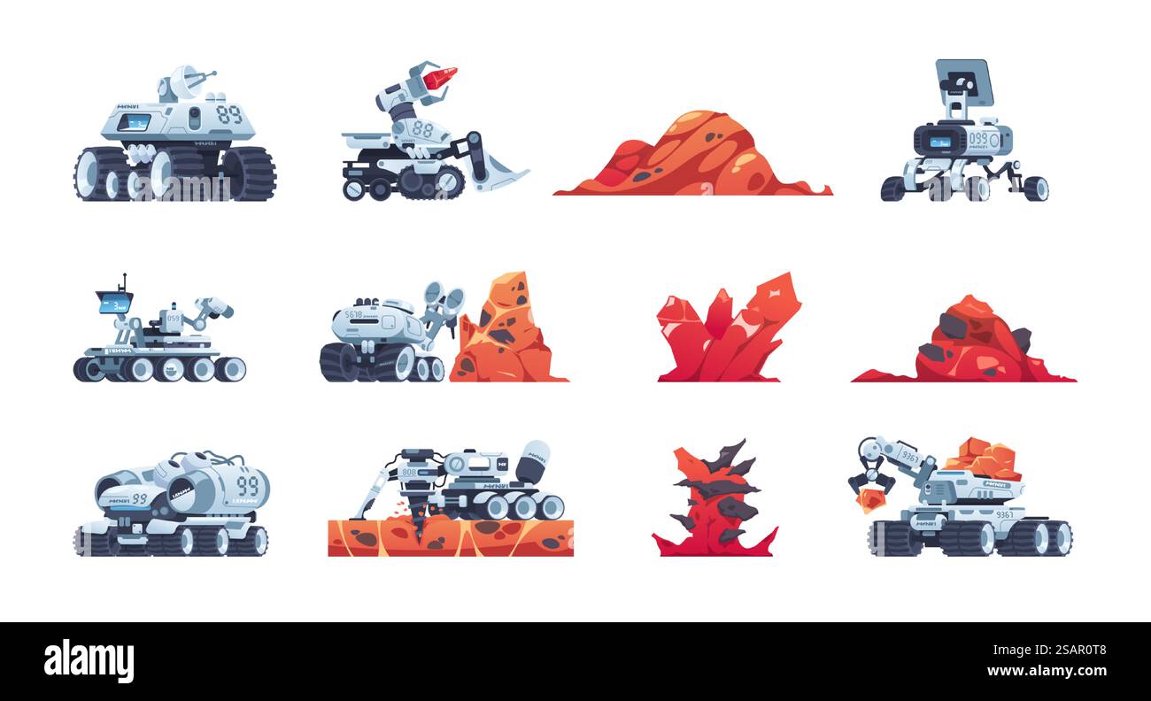 Cartoon rover. Alien planet exploration transport with manipulators for ...