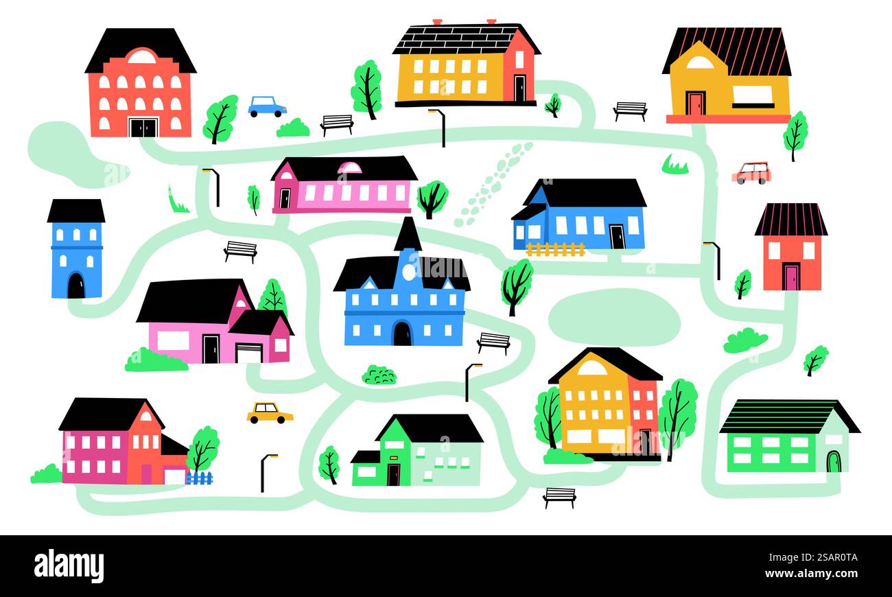 Abstract town. Cute hand drawn cozy cottage buildings with tiny windows ...