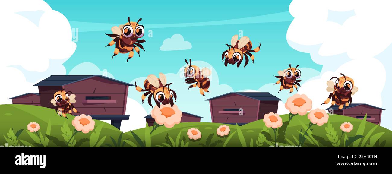 Bee background. Cartoon summer landscape with honeybees and hives ...