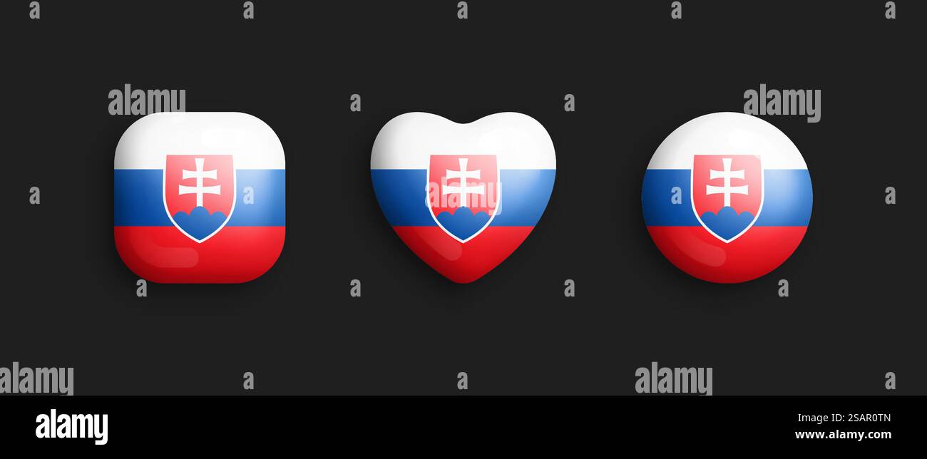Slovakia Official National Flag 3D Vector Glossy Icons In Rounded Square, Heart And Circle Shape ...