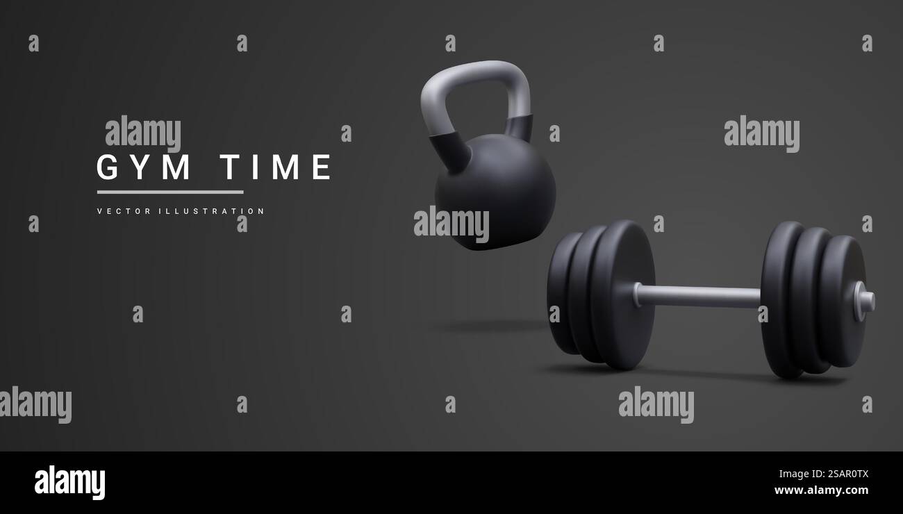 3d realistic banner with dumbbells and kettlebell isolated on black ...