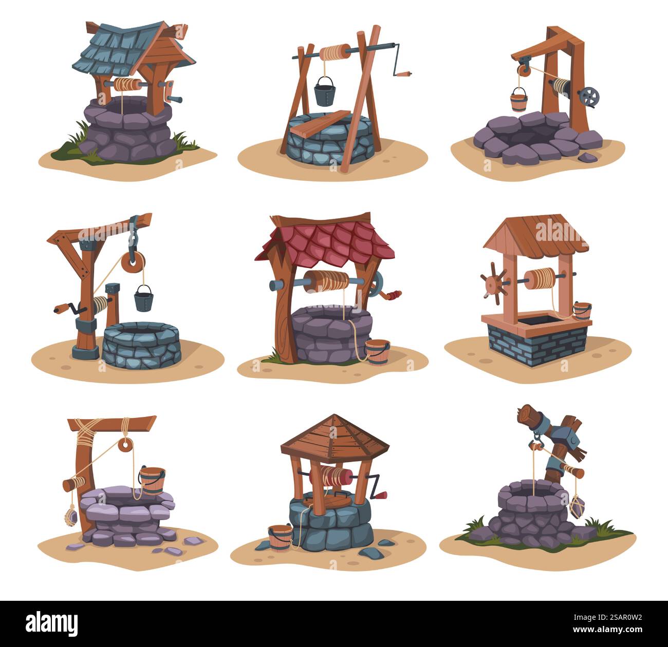 Cartoon village water well. Rustic country aqua source with bucket and ...