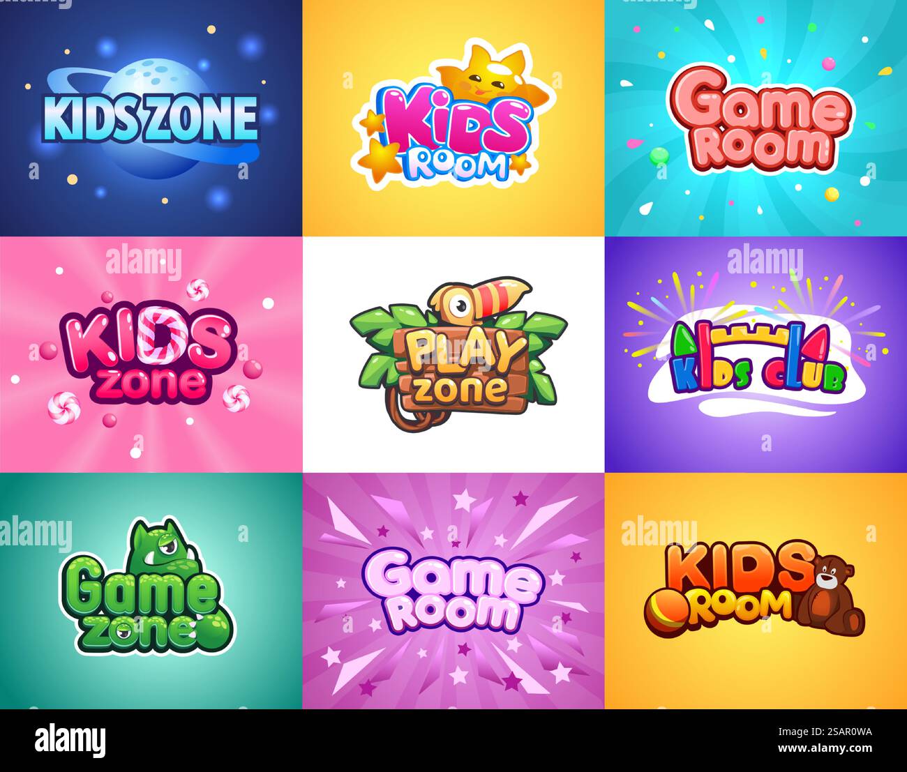 Baby zone. Kids playroom cartoon banners. Colorful childish posters set ...