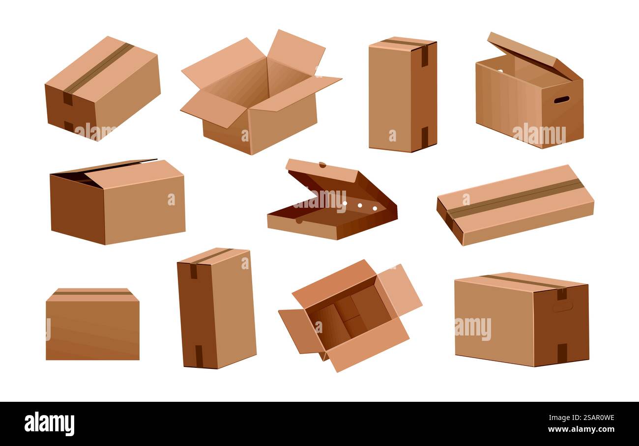 Cardboard box. Cartoon 3D delivery packages and parcels for shipping or ...