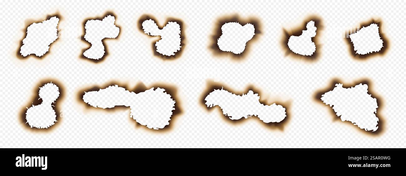 Burnout holes. Realistic paper pages with burn edges and brown corners ...