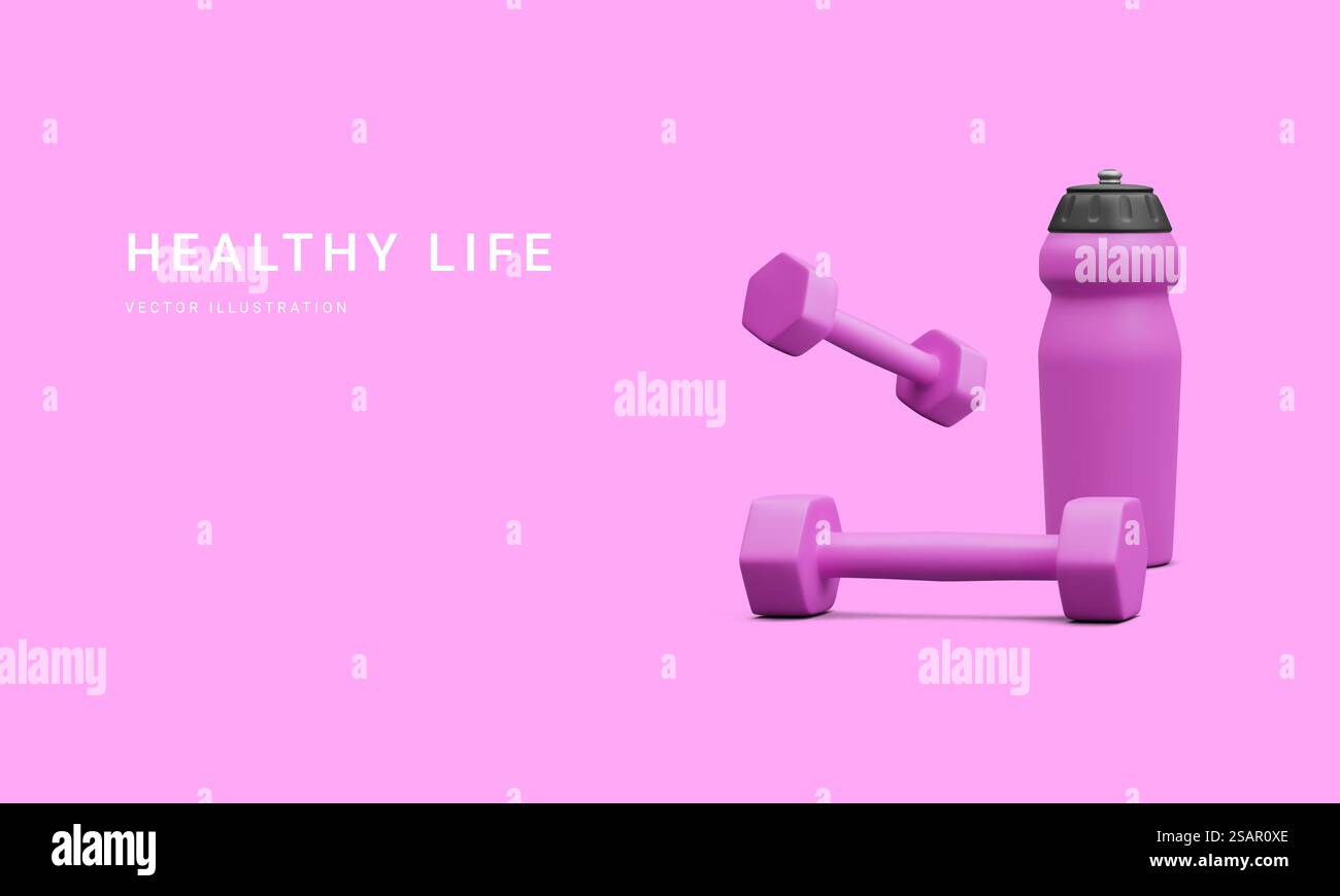 Set of 3d realistic sport equipment. Dumbbells and water bottle ...