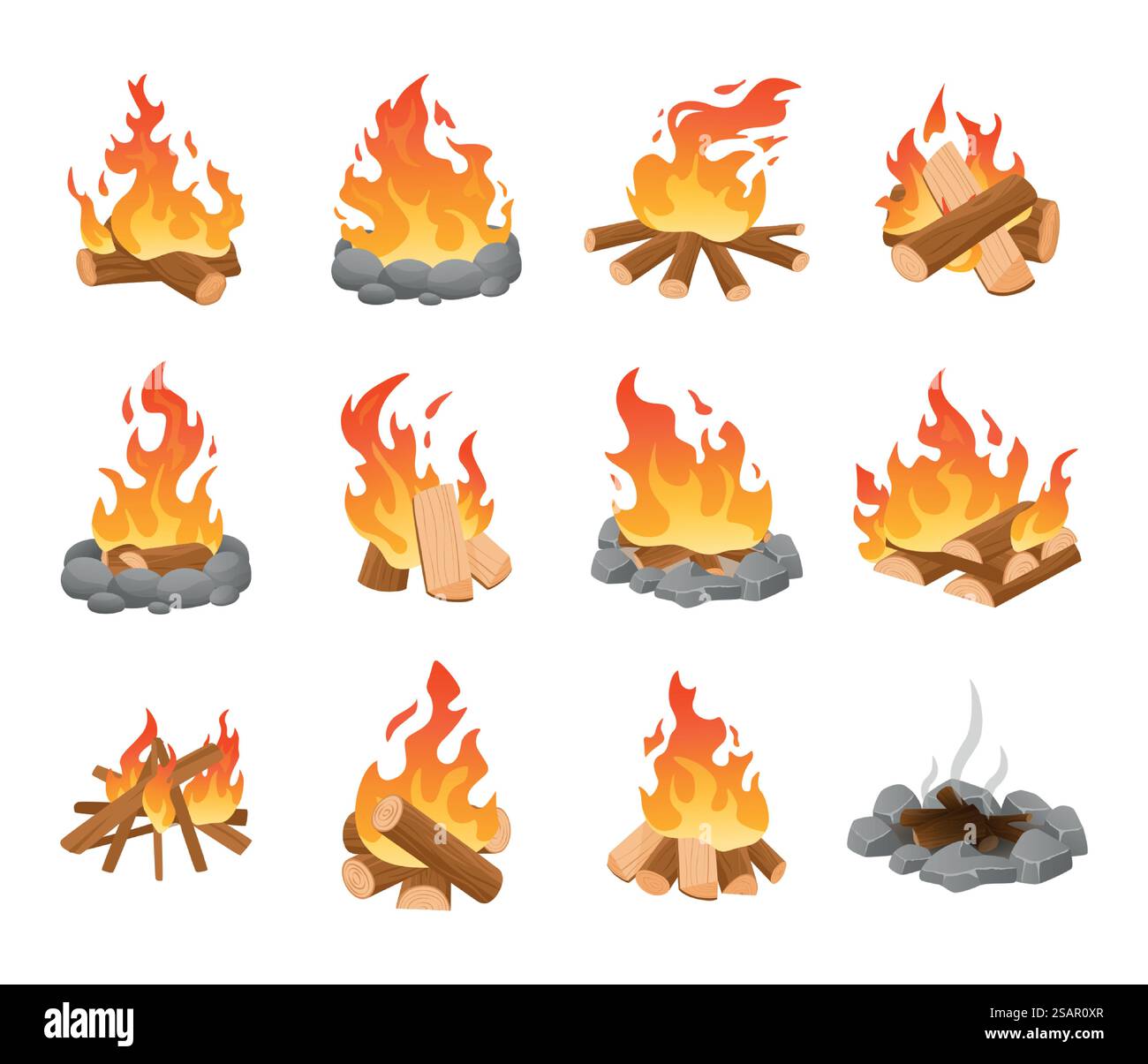 Bonfire. Cartoon outdoor fireplace with burning logs, flaming campfire ...