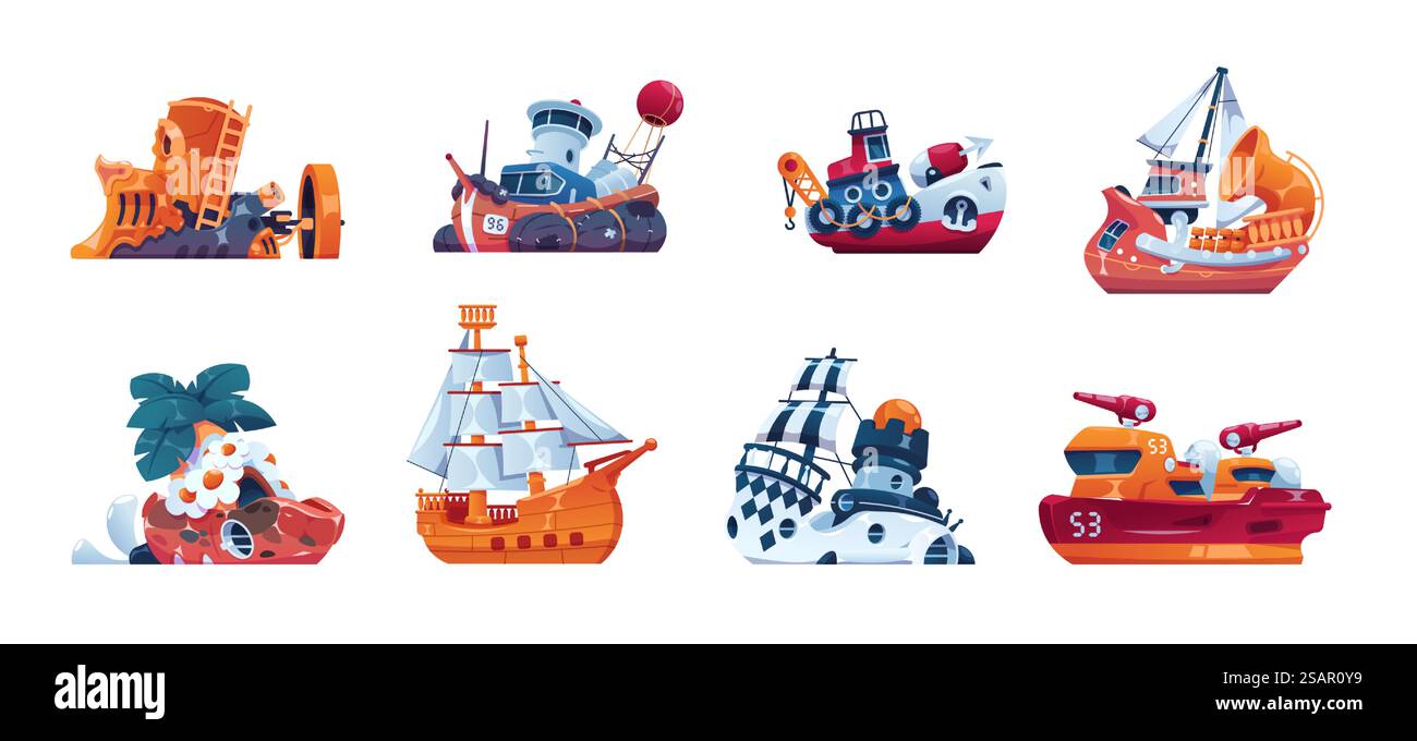 Cartoon ships. Fairy tale boats. Marine vessels. Isolated cruise yacht and warship. Fantastic ...