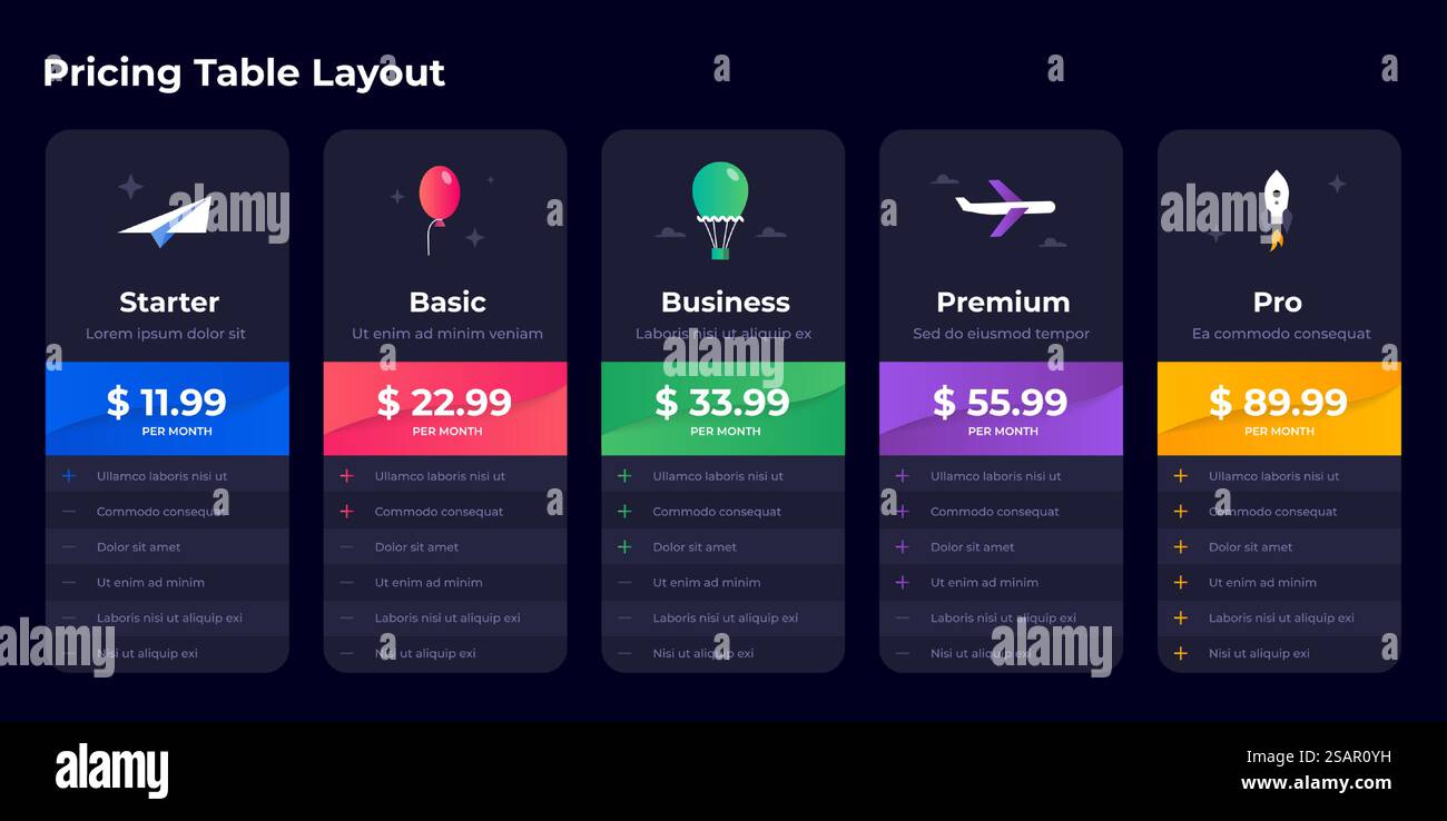 Price comparison. Spreadsheet compare chart layout. Subscription plan with features checklist ...