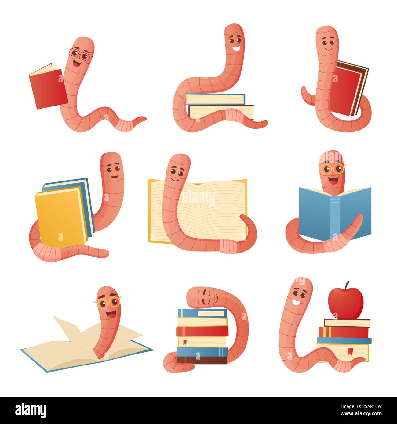 Book worm. Cartoon character in glasses with piles of textbooks. Cute ...