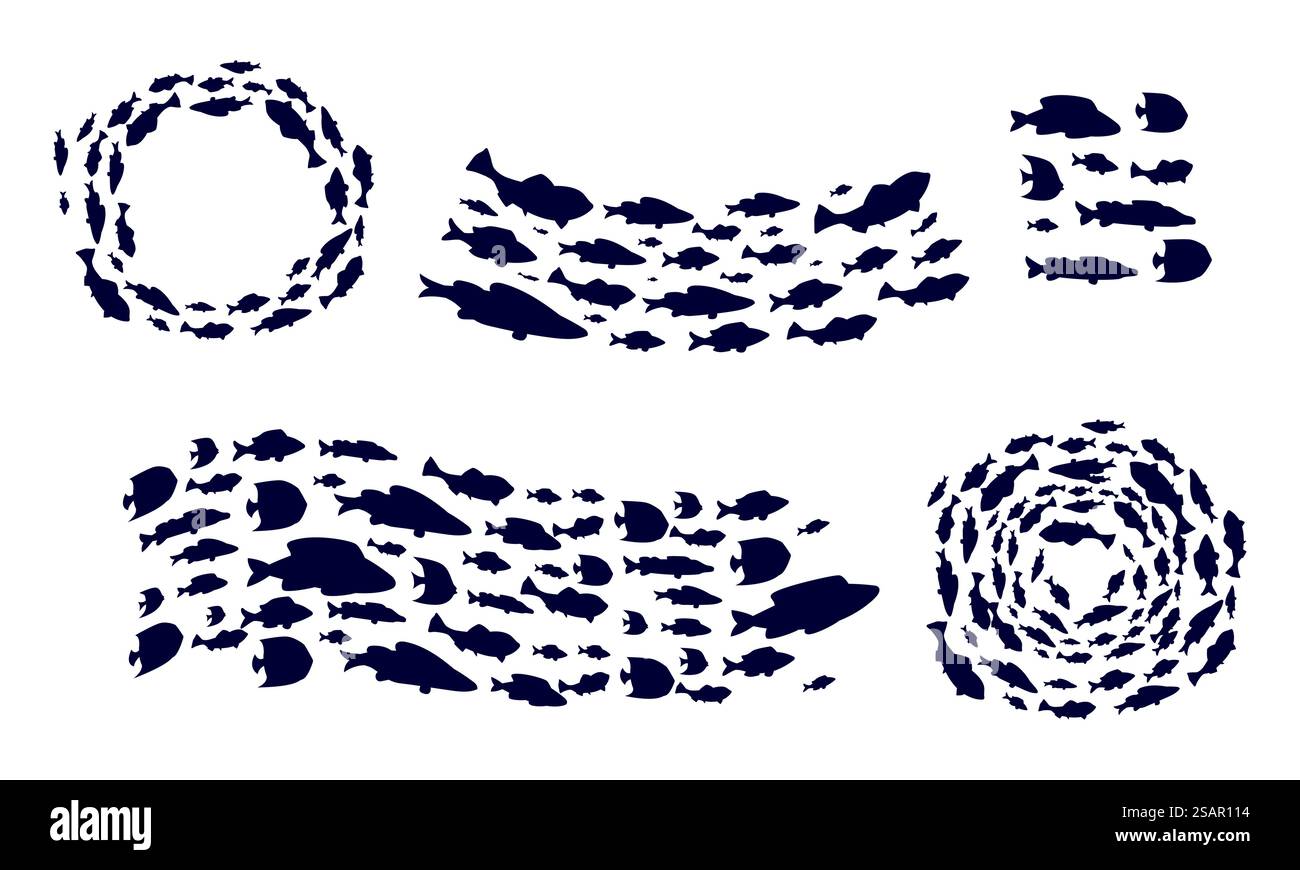 School of fish. Black silhouette of underwater animals. Sea and ocean ...