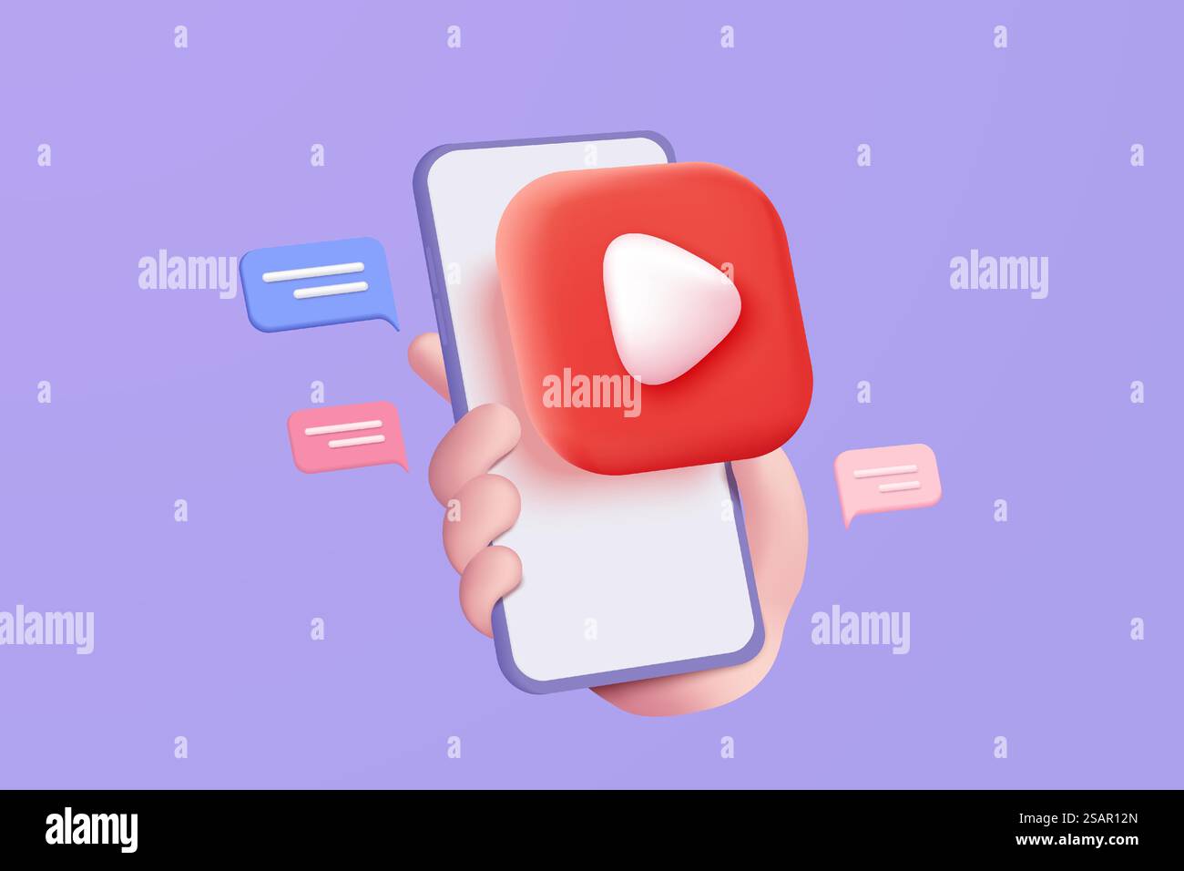 3d social media with live streaming on mobile phone in holding hand. Social media online playing ...