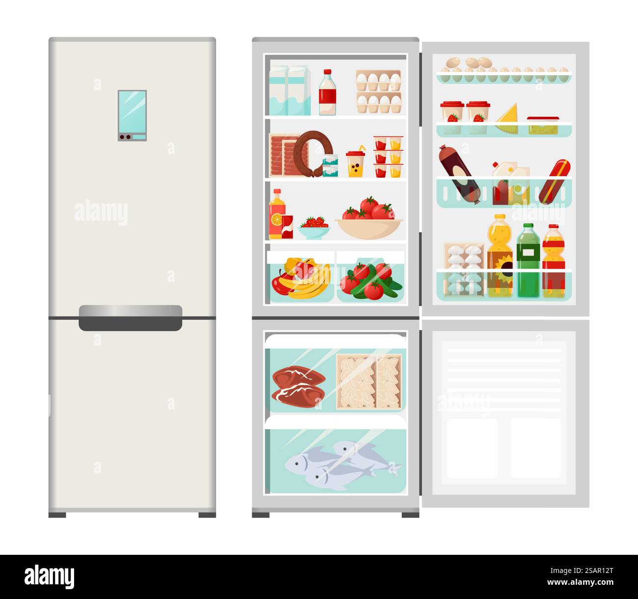 Fridge. Cartoon opened or closed refrigerator full of dairy products ...