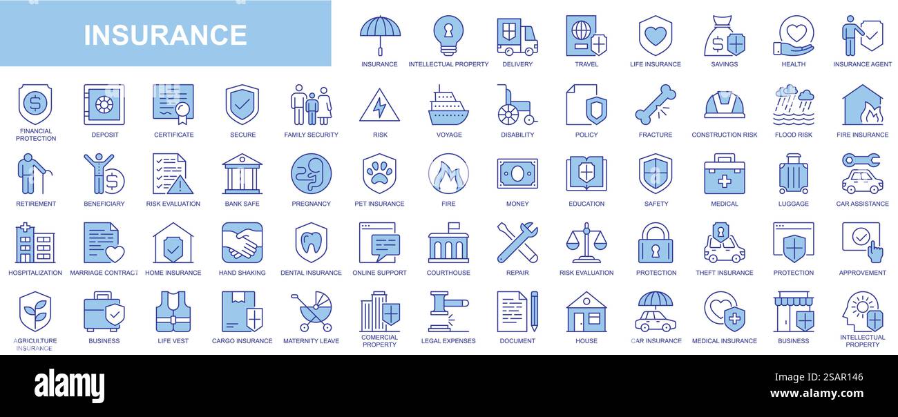 Insurance web icons set in blue line design. Pack of intellectual ...