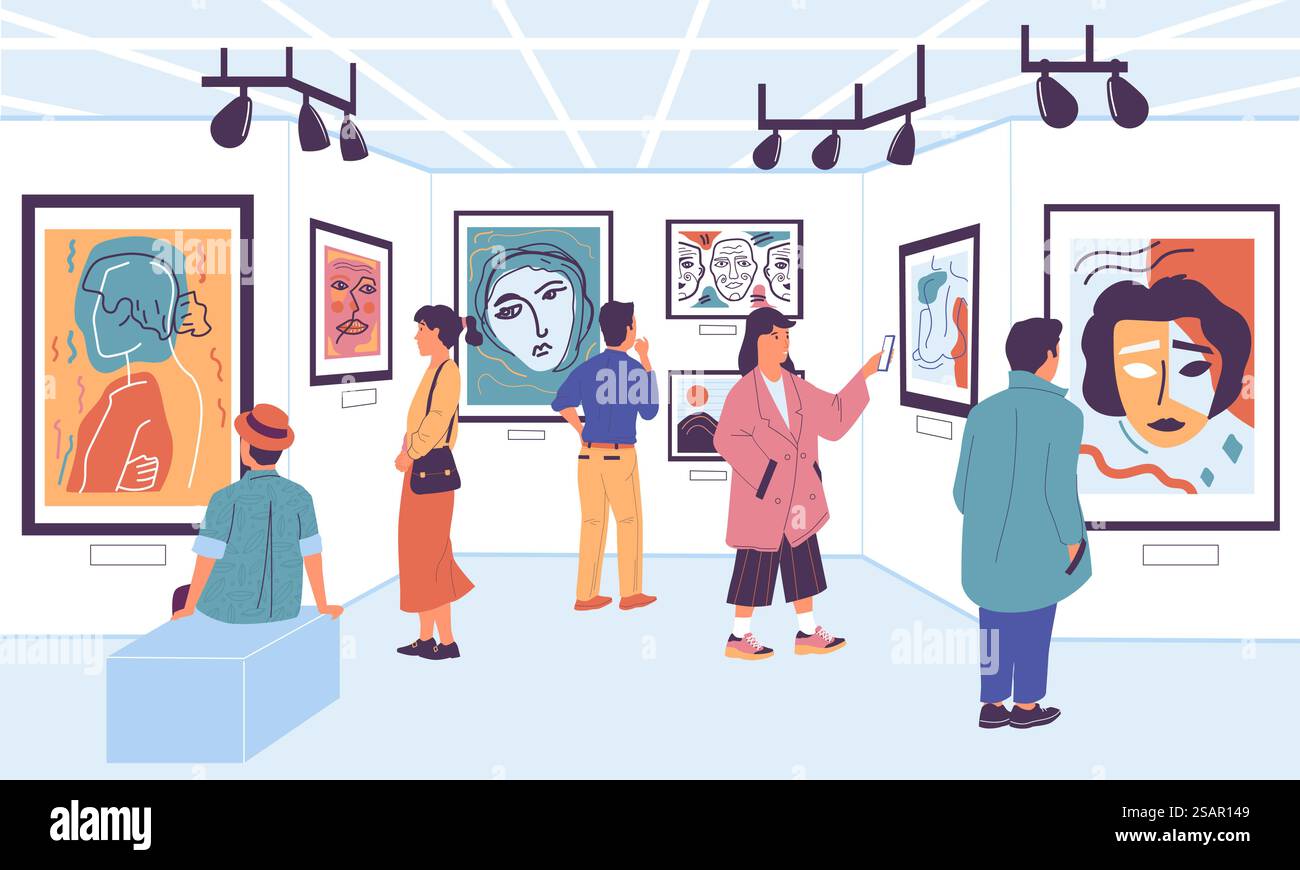 Art gallery. Cartoon people at museum exhibition looking at paintings ...