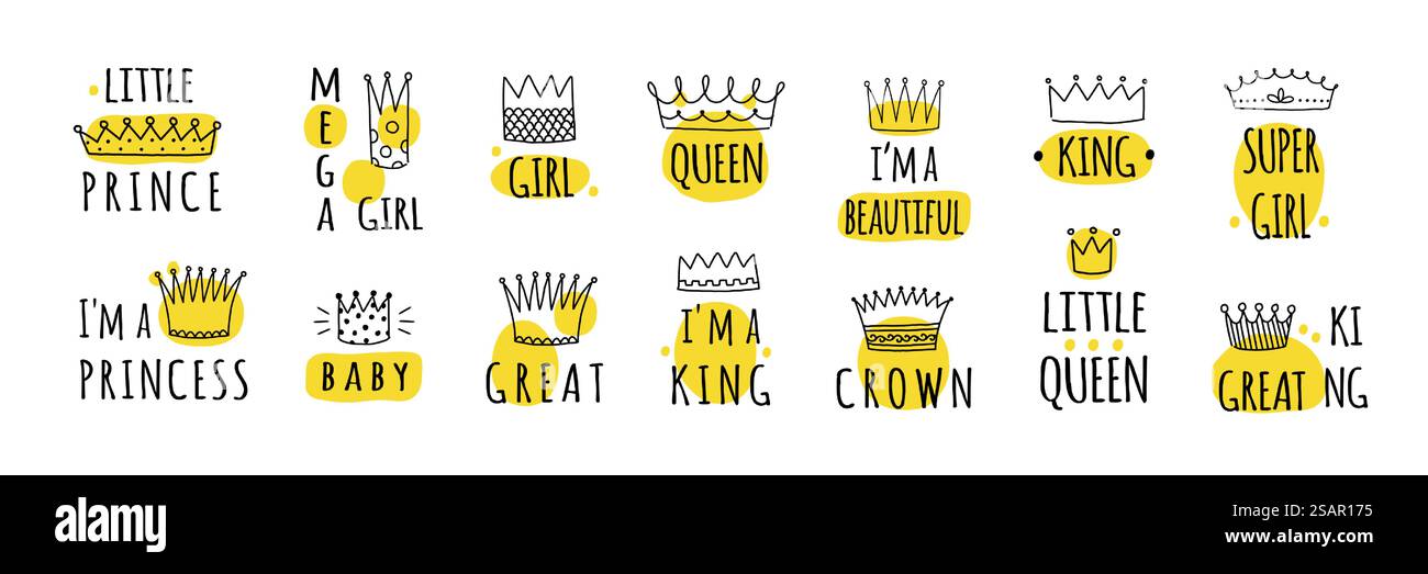 Hand drawn crown logos. Prince and princess, king or queen street ...
