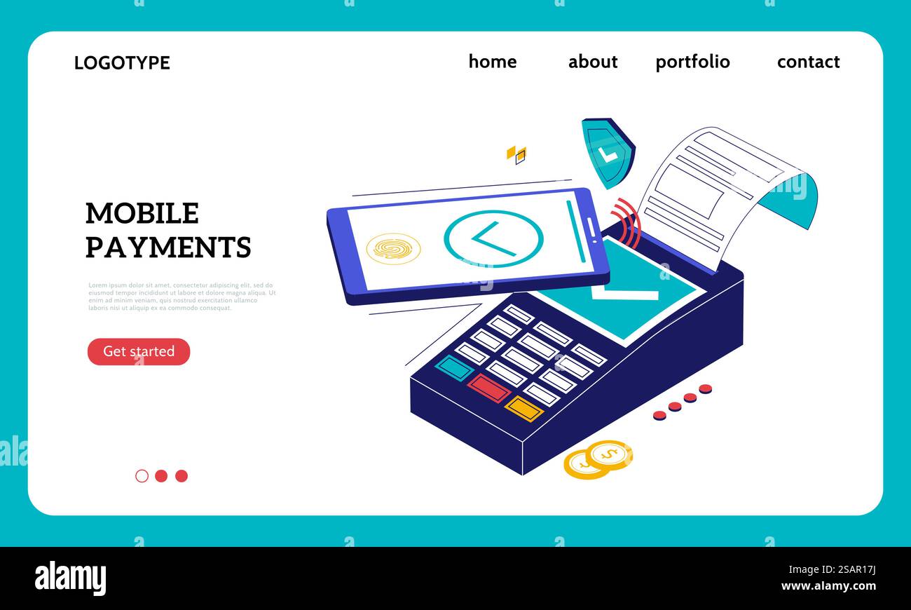 Mobile wallet landing page. Wireless money transfer and smartphone POS terminal payment ...