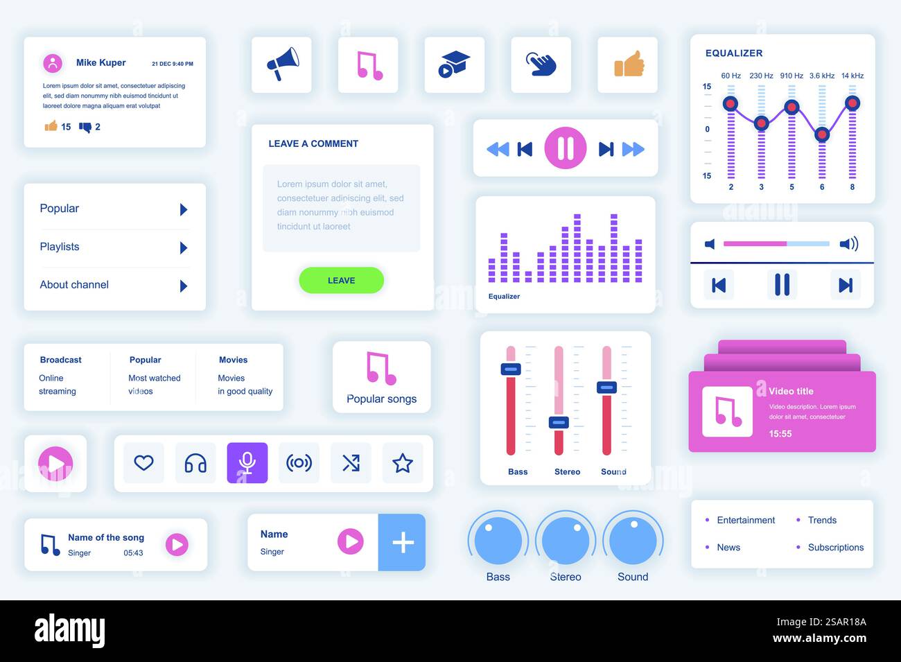 User interface elements set for music mobile app. Kit template with HUD diagrams, player button ...