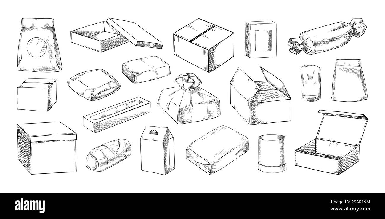 Box and package sketch. Hand drawn open and closed delivery containers ...
