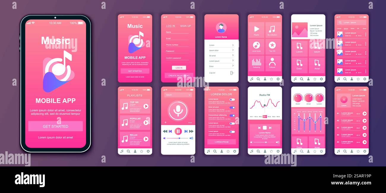 Music mobile app interface screens template set. Online account ...