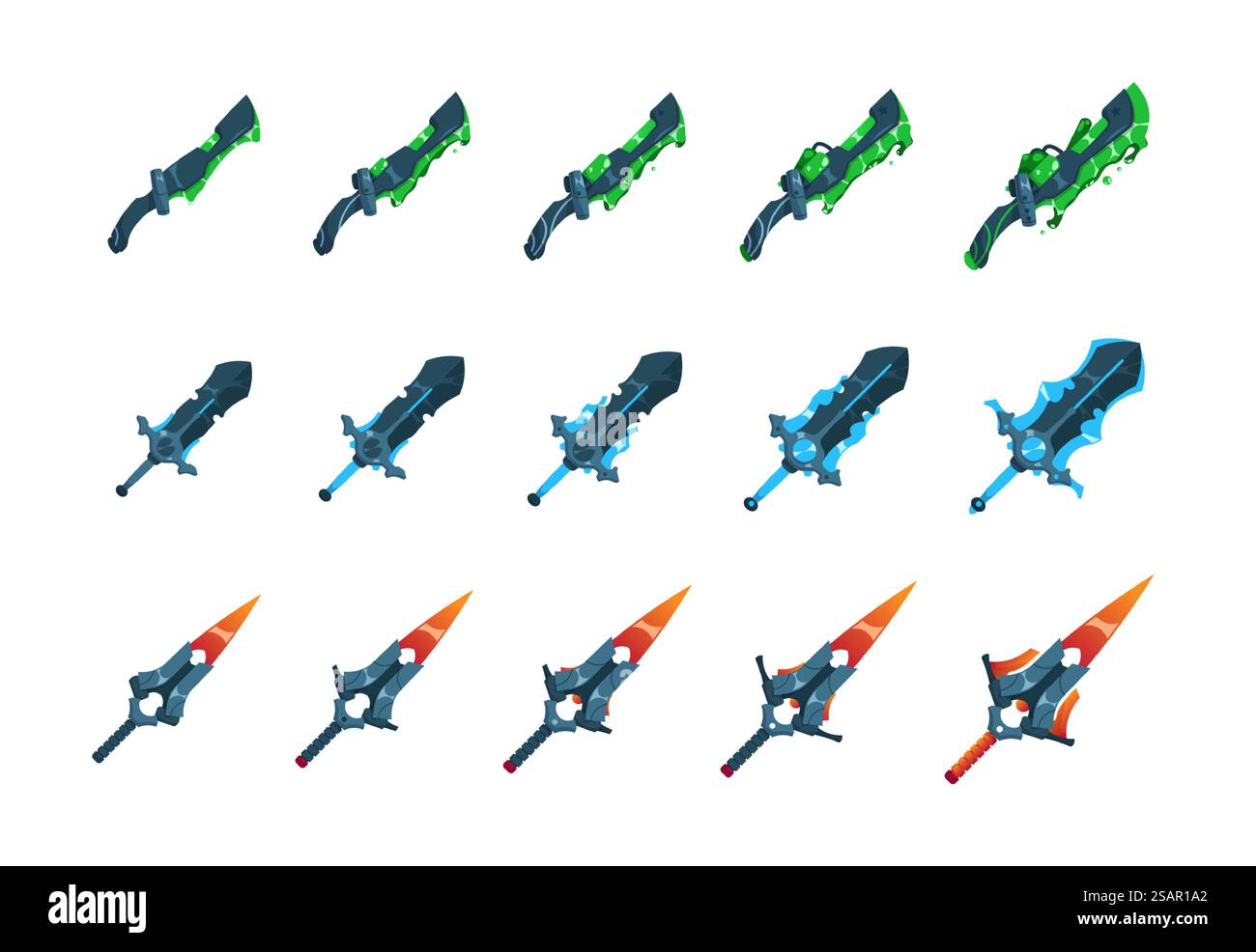 Level up sword. Cartoon poison magic and fire blades with various ...