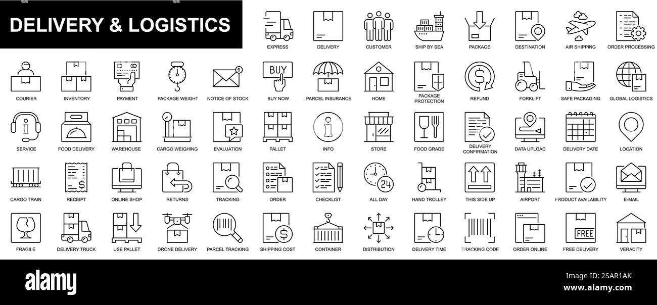 Delivery and logistics web icons set in thin line design. Pack of ...